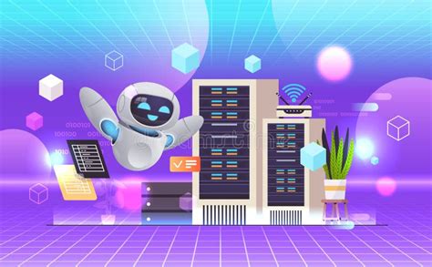 Robot Working In Data Center Room Hosting Server Computer Monitoring