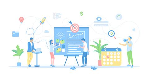 사업 계획 관리 조직 성공 전략 사람들은 보드에서 계획을 세우고 작업에 표시하고 작업 실행을 추적하기 위해 함께 일합니다 벡터 일러스트 레이 션 플랫 스타일 팀워크에 대한