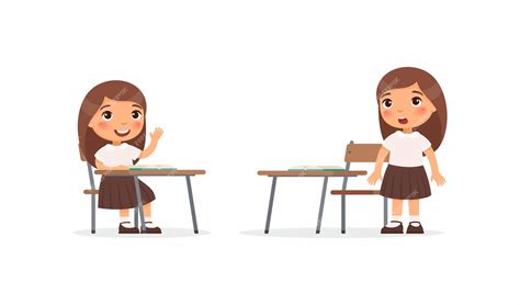 Premium Vector Pupil Girl At Lesson School Girl Raising Hand In Classroom For Answer