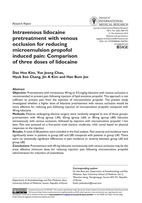 Pdf Intravenous Lidocaine Pretreatment With Venous Occlusion For Reducing Microemulsion