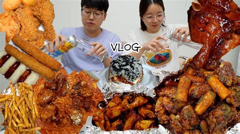 소떡만나편 치킨이랑 찰떡궁합 만나🍗먹방브이로그비비큐 자메이카 소떡만나 자메이카 통다리 치킨 밥버거 치킨게티 핫크리스피 치킨 새우스틱 소떡 Mukbang