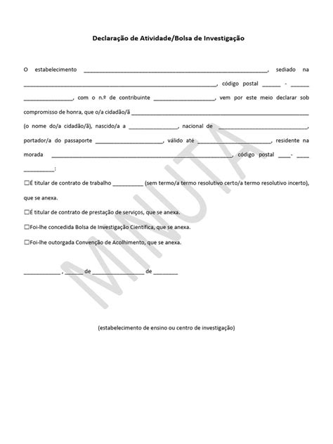 Minuta Declaracao De Atividade Bolsa De Investigacao Pdf Finanças E