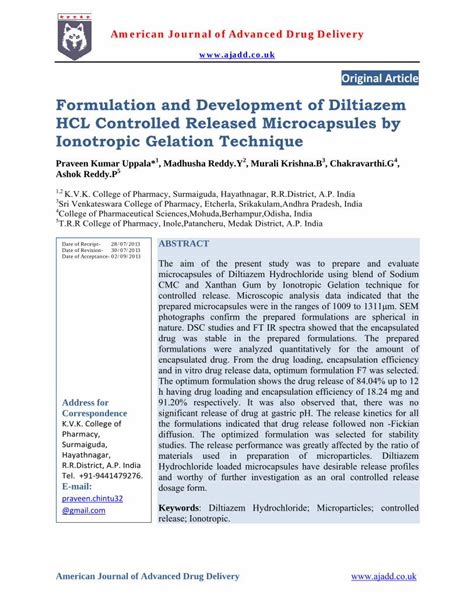 Pdf Formulation And Development Of Diltiazem Hcl Formulation And