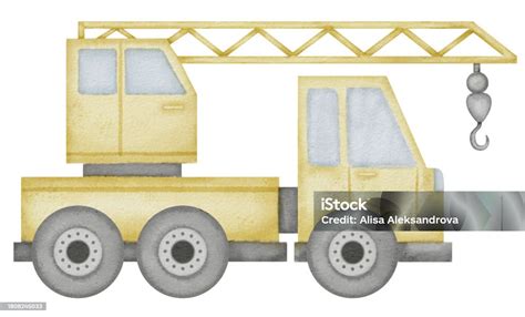 트럭 크레인 수채화 그림입니다 손으로 그린 클립 아트 와 아기 장난감 노란 Autocrane 통하고 있는 고립된 배경 자동