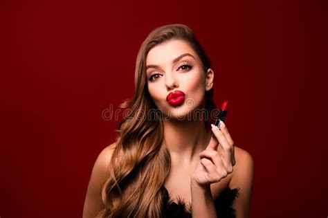Photo Of Pretty Lady Girlfriend Hold Lipstick Sending Air Kiss Blow