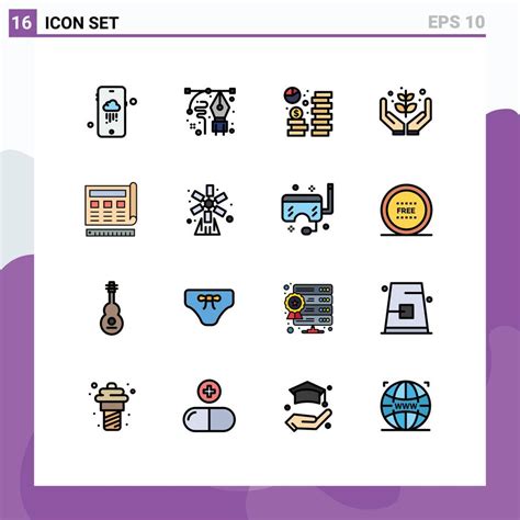 Modern Set Of 16 Flat Color Filled Lines And Symbols Such As Nature Garden Coin Farming Saving