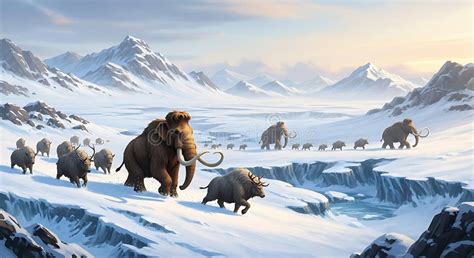 An Icy Prehistoric Landscape Features A Herd Of Woolly Mammoths