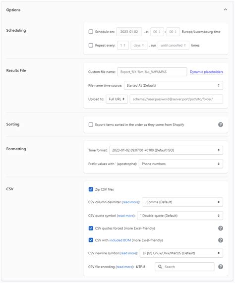matrixify import and export job options matrixify app