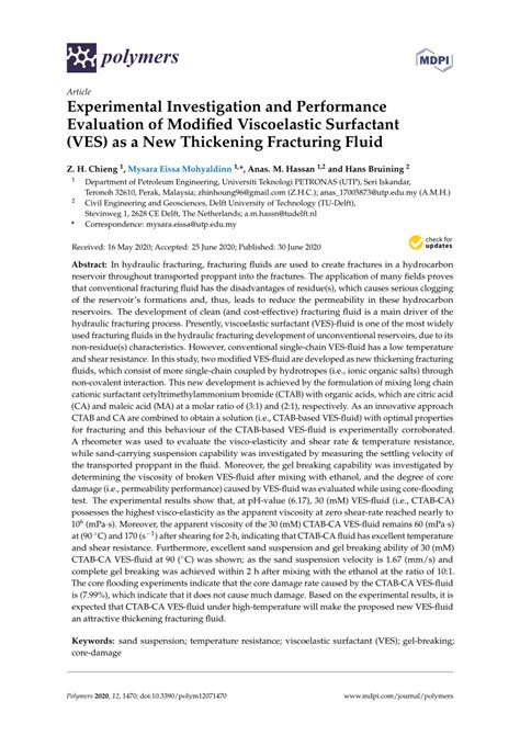 Pdf Experimental Investigation And Performance Evaluation Of Modified Viscoelastic Surfactant