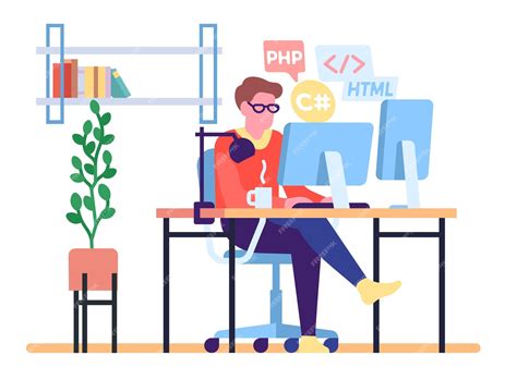 Premium Vector Freelance Programmer Working On His Project From Home