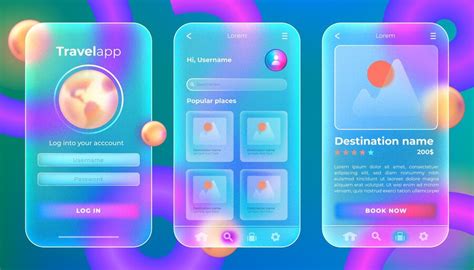 free vector travel app web page gui design in glassmorphism style