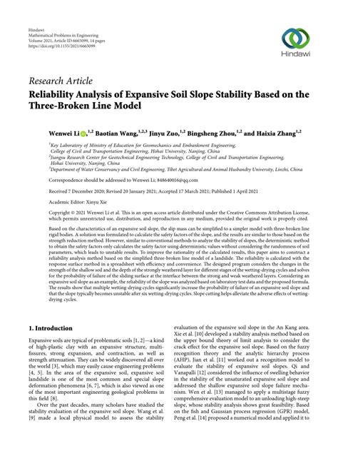 PDF Reliability Analysis Of Expansive Soil Slope Stability Based On The Three Broken Line Model