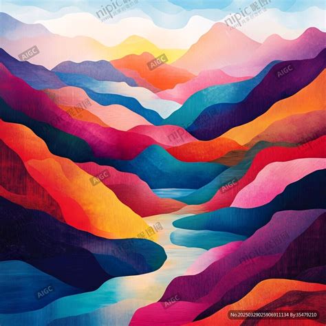 Ai创作图山峦 河流 色彩 景观 绘画 梦幻 绚丽 多彩 线条 自然 地形 艺术 风景 天空 光影 昵图网