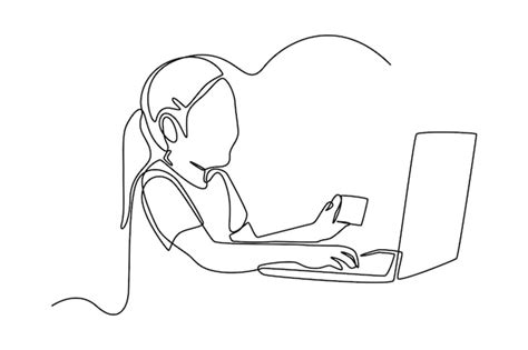 Premium Vector Single One Line Drawing Beautiful Young Girl Working Using Computer Laptop