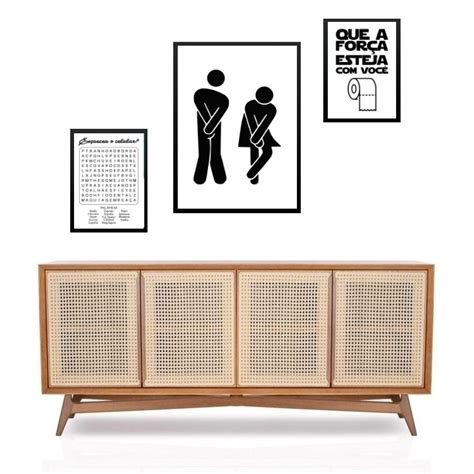 Set 3 Quadros Divertidos Banheiro Unissexmoldura Branca Madeiramadeira