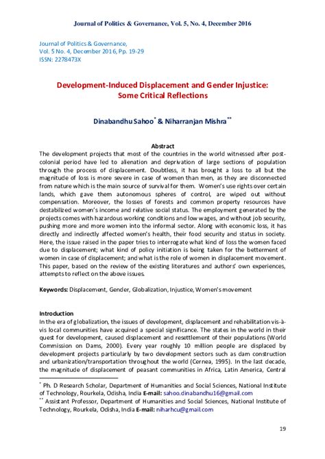 Pdf Development Induced Displacement And Gender Injustice Some