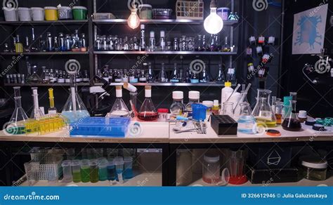 Science Laboratory Setup With Test Tubes Beakers Microscopes