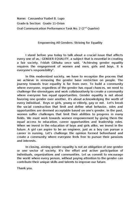 Gender Equality Performance Task Name Cassandra Ysabel B Lupo Grade Section Grade Studocu
