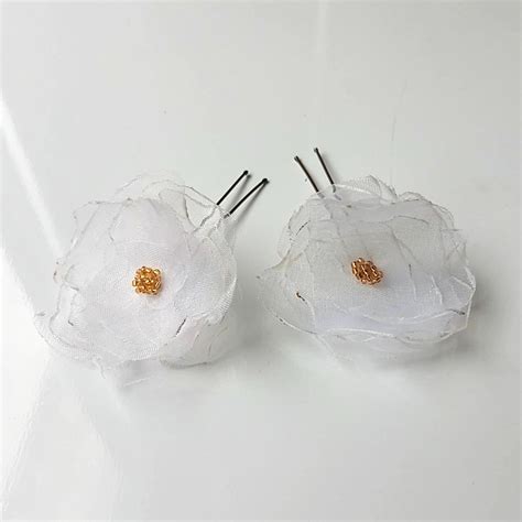Set Of 2 White Hair Pins Sheer Burned Organza Flowers Handmade Boho