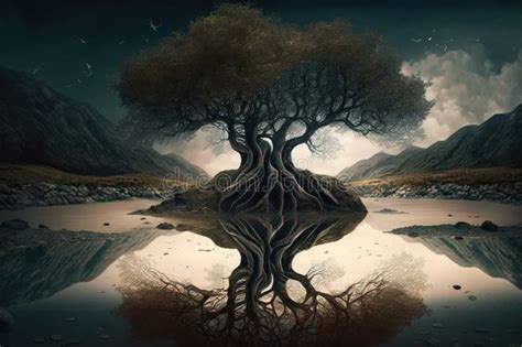 Mystical Tree Towering Over Peaceful Riverbed With Reflection Of The Water Visible Stock