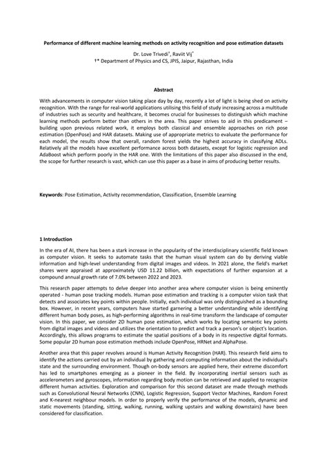 Pdf Performance Of Different Machine Learning Methods On Activity Recognition And Pose