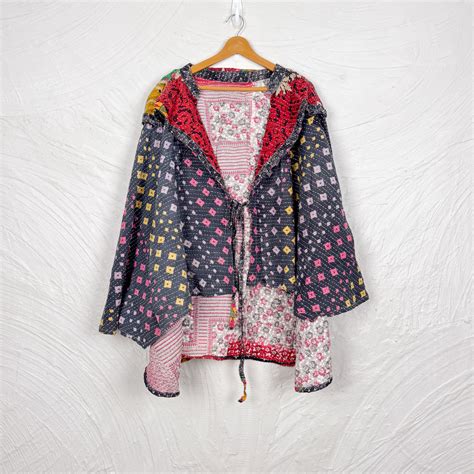Kantha Mid Size Poncho Dress With Hood Squares Love Protect Sustain