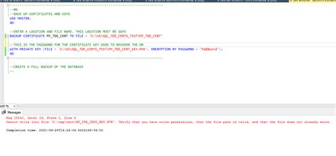 cannot copy a security certificate file created from within sql server