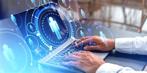 Man Typing On Laptop Computer People Icons And Glowing Circles Stock Image Image Of