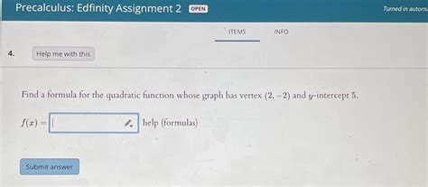 solved find a formula for the quadratic function whose graph