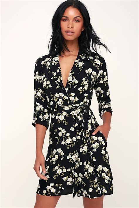 Pretty Black And White Floral Print Dress Floral Wrap Dress Lulus