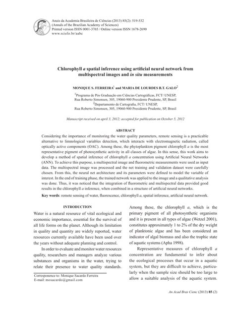 Pdf Chlorophyll A Spatial Inference Using Artificial Neural Network From Multispectral Images
