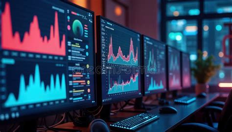 multiple computer monitors display network monitoring dashboard real
