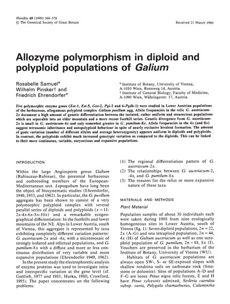 Pdf Allozyme Polymorphism In Diploid And Polyploid Populations Of Galium
