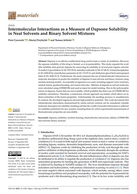 Intermolecular Interactions As A Measure Of Dapsone Solubility In Neat Solvents And Binary