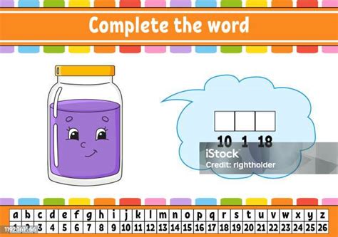 단어를 완성합니다 암호 코드입니다 어휘와 숫자를 학습 교육 개발 워크 시트 영어 공부를 위한 활동 페이지 어린이를위한 게임 격리된 벡터 그림입니다 만화 캐릭터 0명에 대한