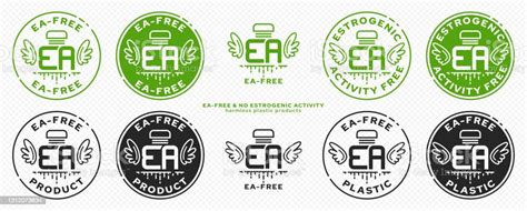 플라스틱 제품에 대한 개념 라벨링 에스트로겐활성 없음 날개와 흐르는 선이있는 플라스틱 Ea 병 에스트로겐 활동으로부터 자유의 상징 벡터 그룹화 된 요소입니다 0명에 대한