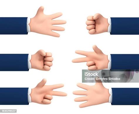 벡터 만화 손 만드는 바위 위 종이 흰색 배경에 고립되어 있습니다 가위바위보 손 게임 과정 손 제스처가 설정됩니다 3차원 형태에 대한 스톡 벡터 아트 및 기타 이미지