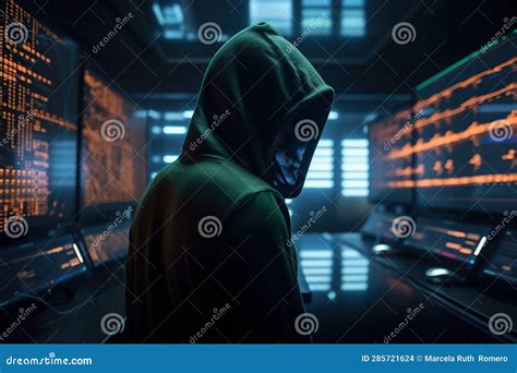 Cybersecurity Hacker Concept Hooded Figure With Laptop In Digital Matrix Generative Ai Royalty
