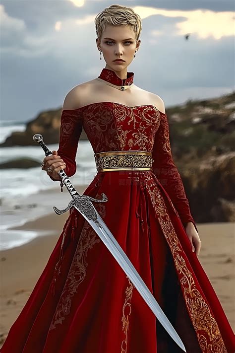 红色长袍ai数字艺术 美人复古奇幻风成年战士手持长剑站立海滩红色长袍金色花纹插画 Ai人像免费下载png格式2688像素编号71719135 千图网