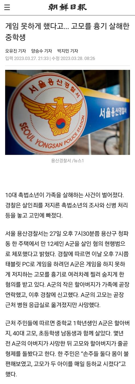 게임 못하게 해서 고모 살해한 촉법소년 유머 움짤 이슈 에펨코리아