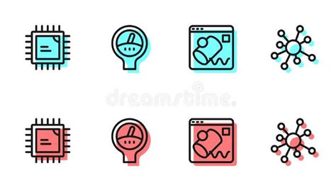 Set Line Data Visualisation Processor Cpu Gauge Scale And Molecule Icon Vector Stock