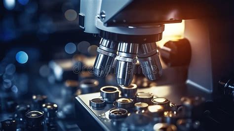 close up shot of microscope with metal lens at laboratory generative