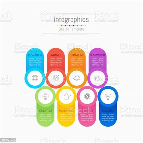 Infographic 8 옵션 부품 단계 일정 또는 프로세스와 비즈니스 데이터에 대 한 디자인 요소입니다 벡터 일러스트입니다 0명에 대한 스톡 벡터 아트 및 기타 이미지