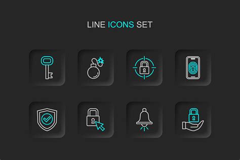 Set Line Lock Ringing Alarm Bell Shield With Check Mark Mobile Fingerprint Scanner Bomb And Old