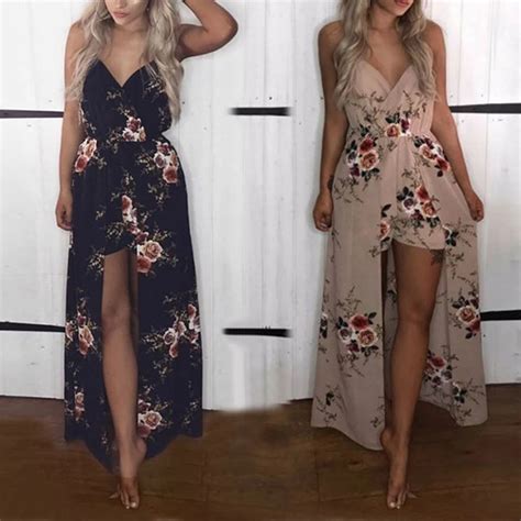여성 여름 점프 슈트 보헤미아 꽃 프린트 스파게티 스트랩 시폰 여성 Playsuit 우아한 V 넥 백 레스 비치 점프 슈트롬퍼