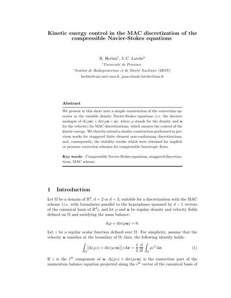 Pdf Kinetic Energy Control In The Mac Discretization Of Compressible Navier Stokes Equations