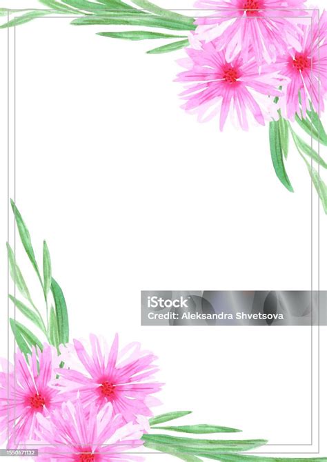 손으로 그린 수채화 핑크 데이지와 초록색 엽서는 흰색 배경에 분리되어 있다 포스터 엽서 청첩장 앨범에 사용할 수 있습니다 0명에 대한 스톡 벡터 아트 및 기타 이미지