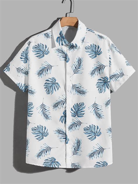 Men Tropical Print Button Through Shirt White Short Sleeve Shirt With