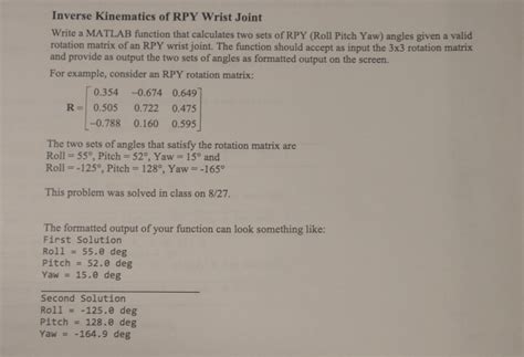Solved Inverse Kinematics Of Rpy Wrist Joint Write A Matlab