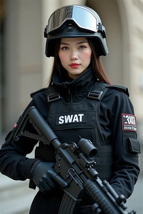 Woman As A Swat Officer Wearing Black Swat Vest Swat Helmet Holding